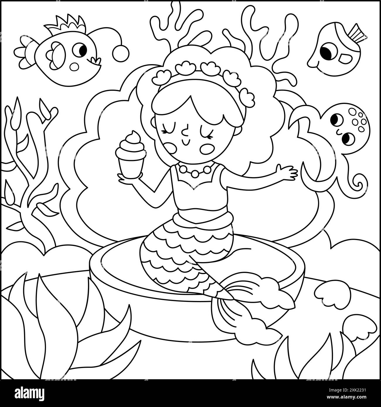 Vector black and white landscape illustration with mermaid sitting in ...