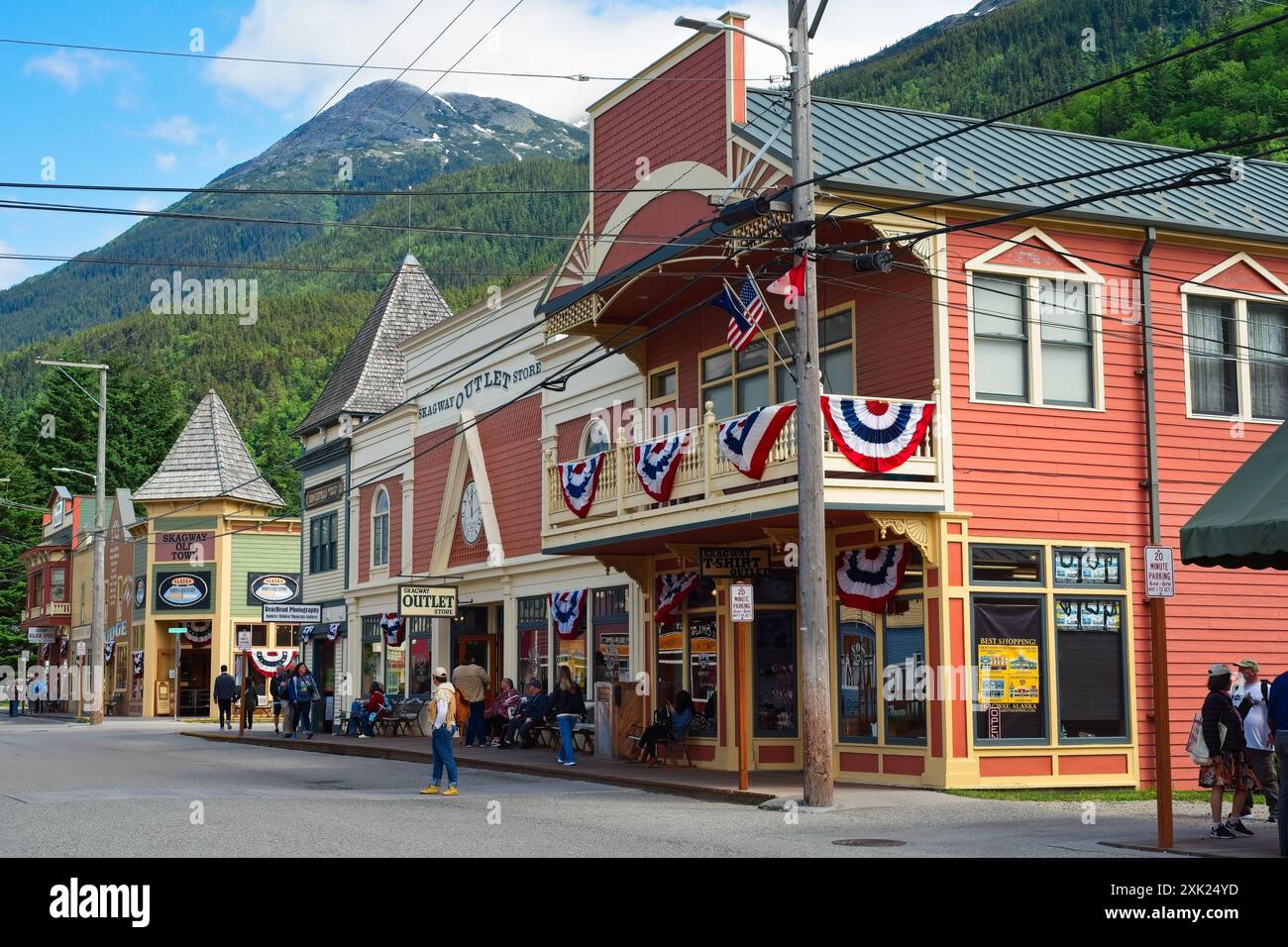 Vintage-looking souvenir shops line Broadway Street in Skagway, with ...