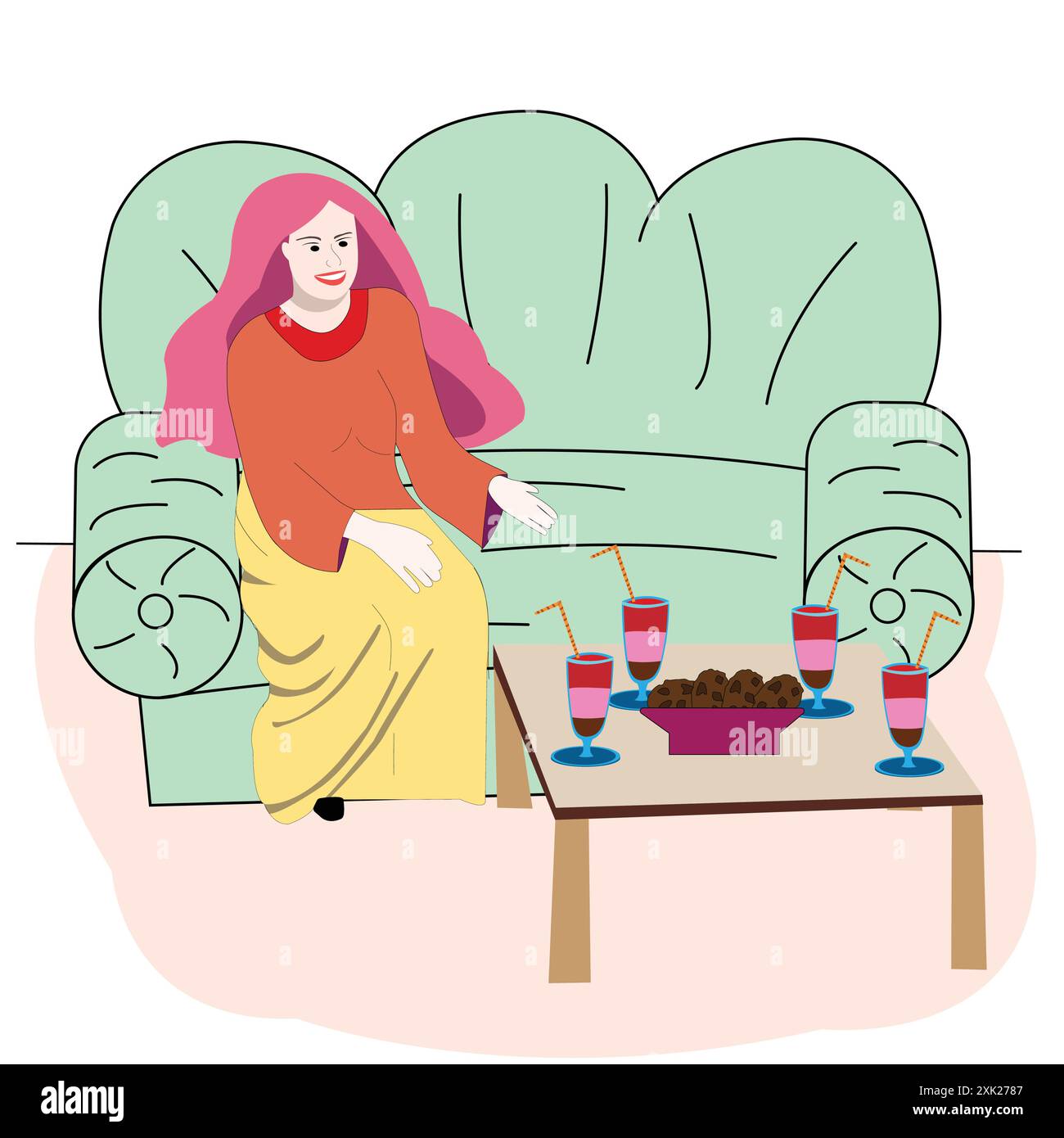 Happy female sitting on the couch and eating cookies; flat design with ...
