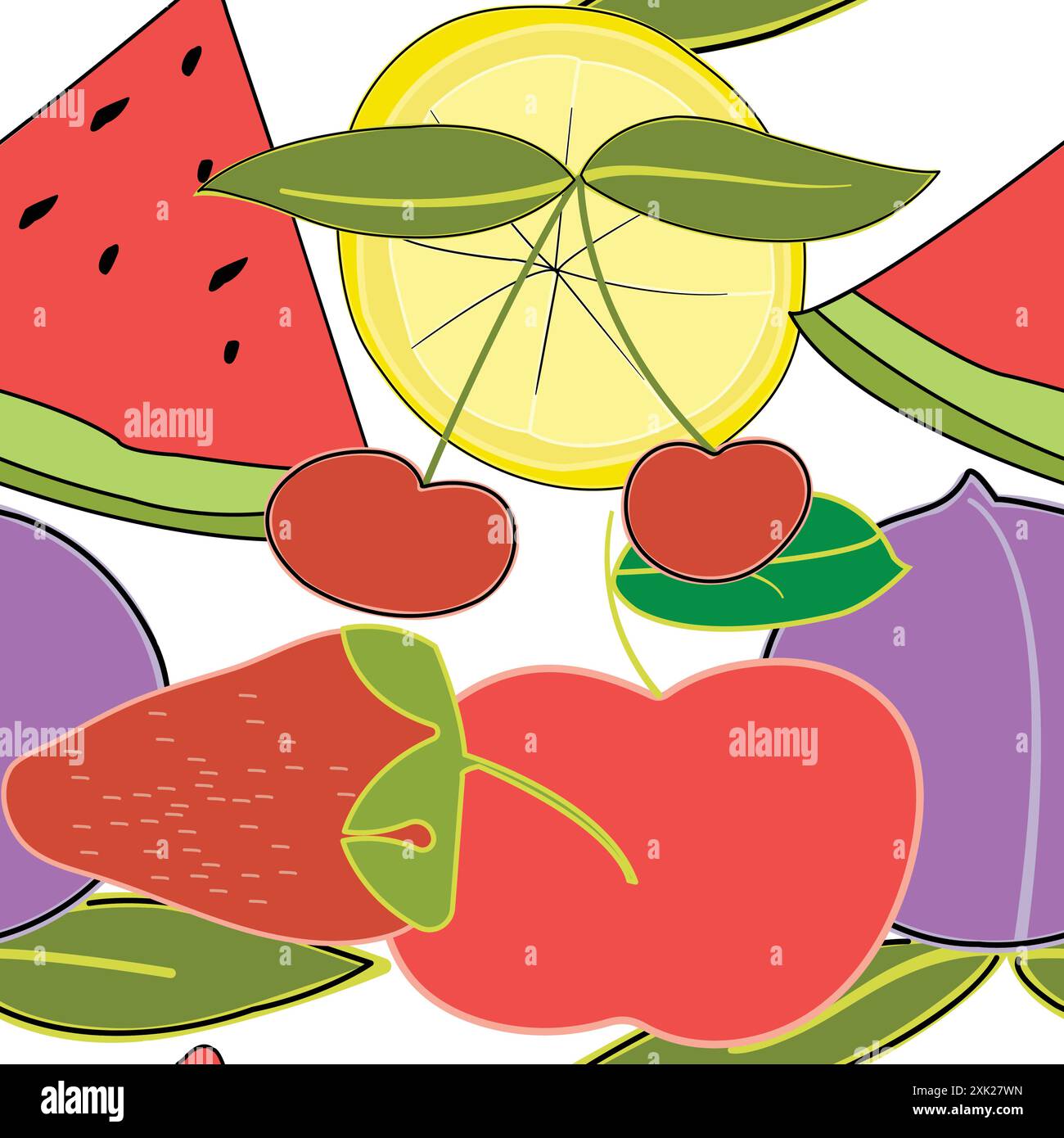Seamless pattern of fruits; colorful fruits contoured; Contemporary art ...