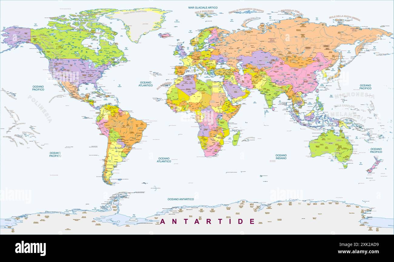 Detailed political physical world map Italian language labeled Stock ...