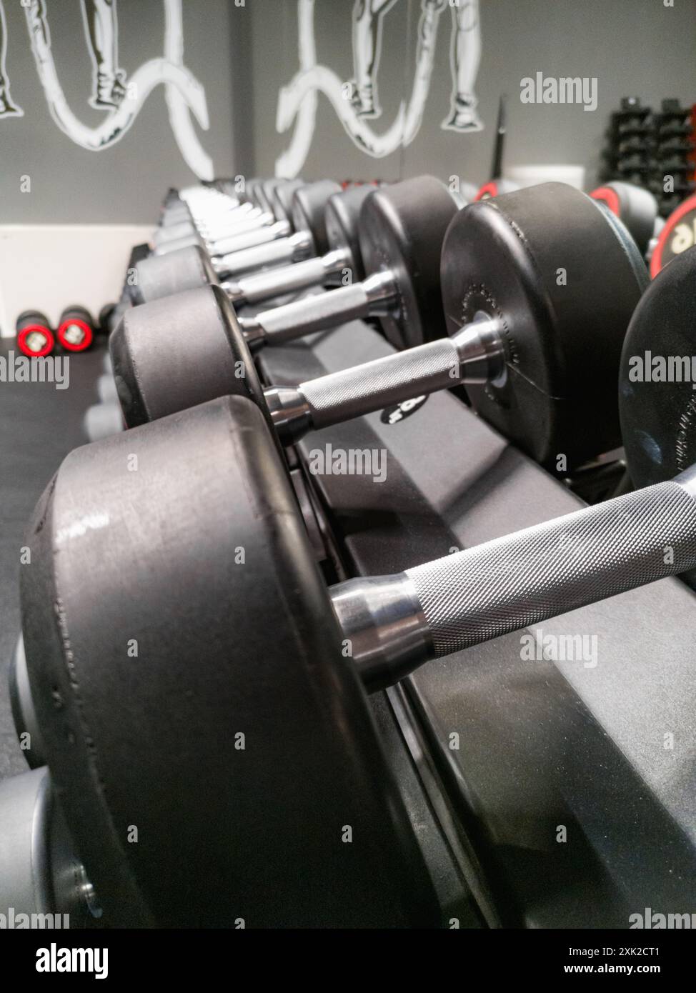 Very long stand full of dumbbells on it with different weights at small ...
