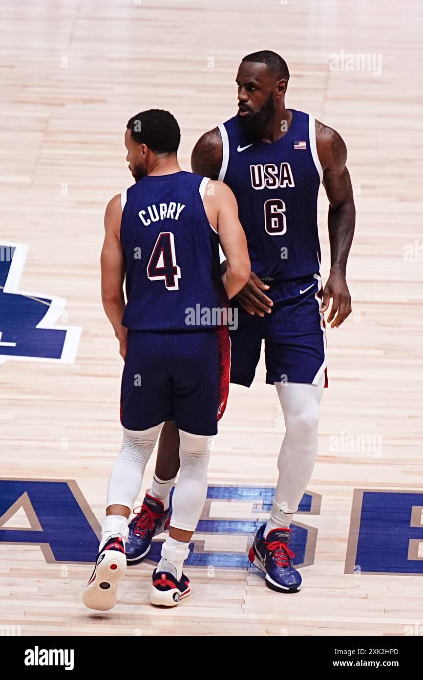USA's Stephen Curry and LeBron James during the 2024 USA Basketball ...
