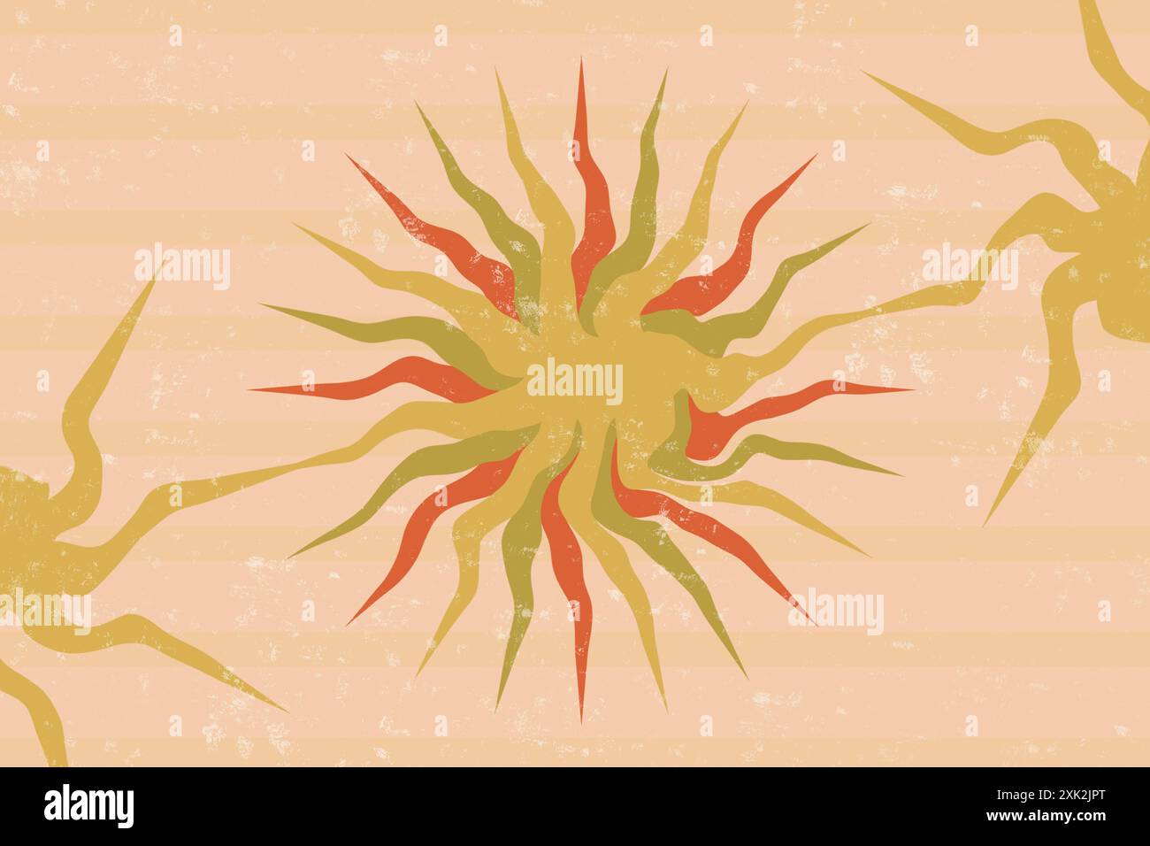 A grunge-style retro illustration depicting a stylized sun with ...