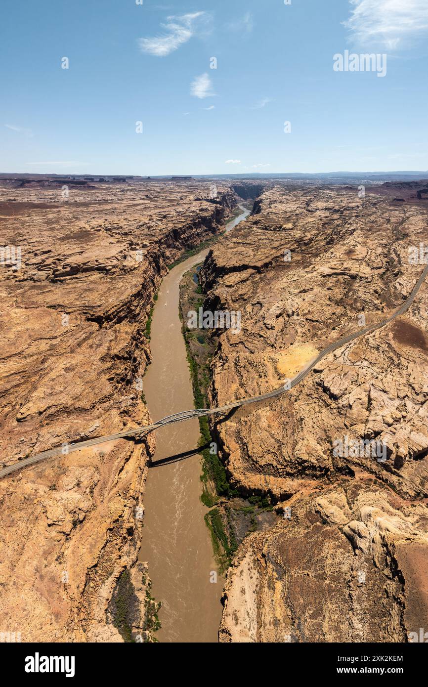 Aerial shot captures the rugged landscapes of White Canyon as it winds ...