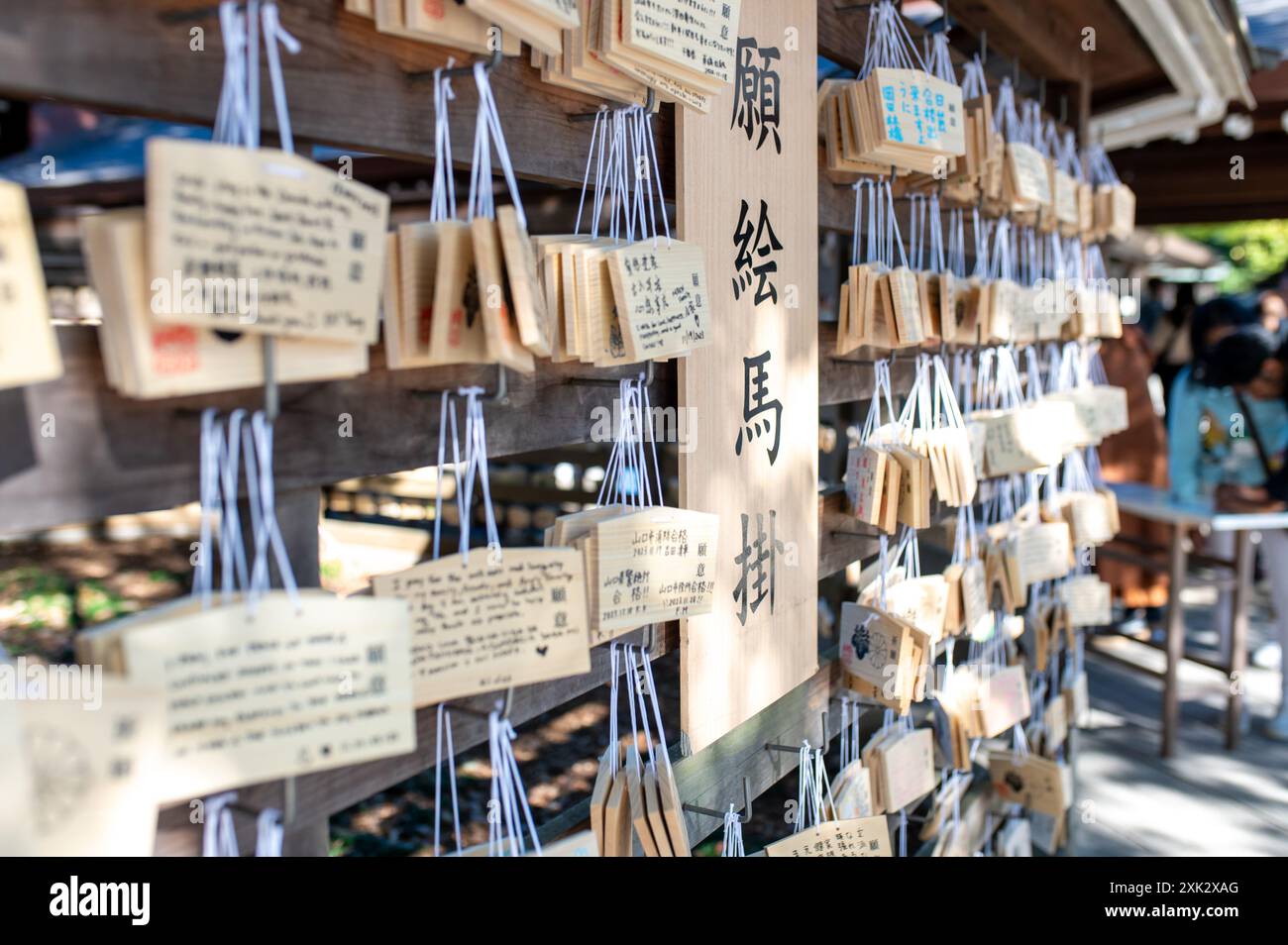 Wooden ema boards hung at a Japanese shrine, filled with handwritten ...