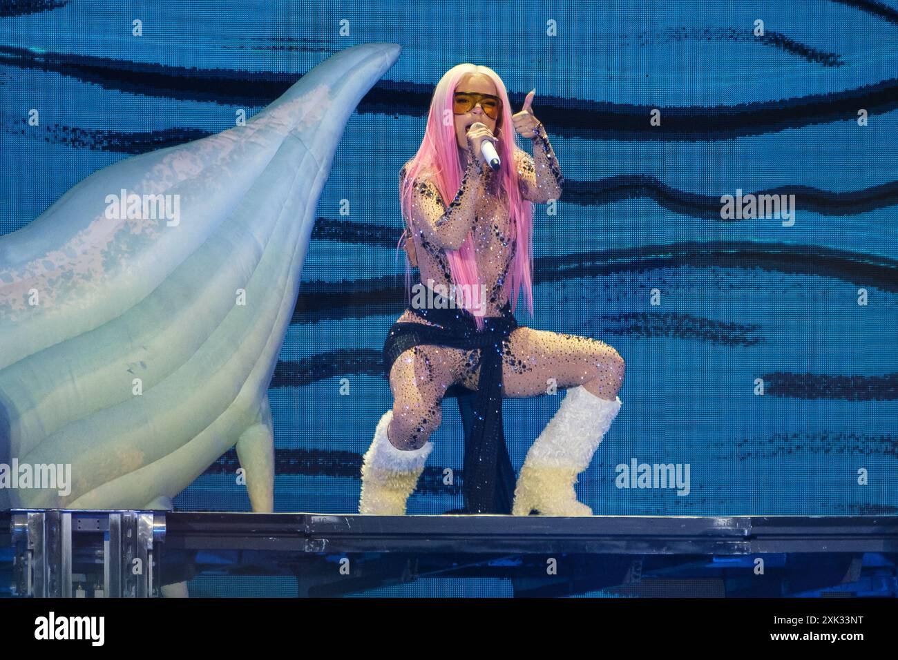 The singer Karol G during a performance at the Santiago Bernabeu, on ...