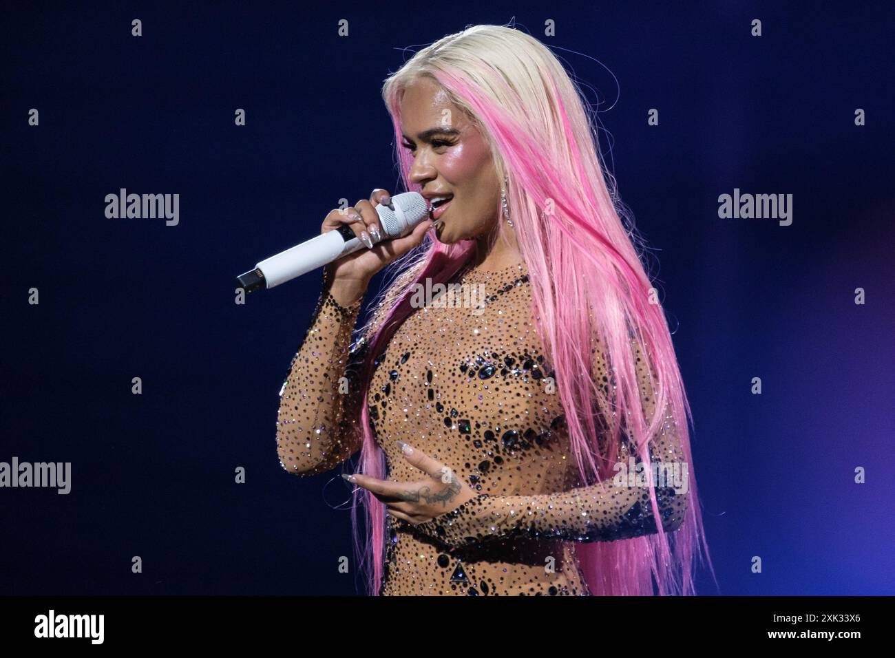 The singer Karol G during a performance at the Santiago Bernabeu, on ...