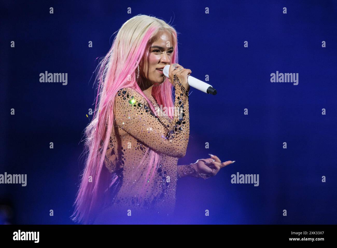 The singer Karol G during a performance at the Santiago Bernabeu, on ...