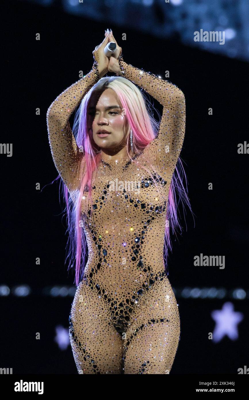 The singer Karol G during a performance at the Santiago Bernabeu, on July 20, 2024, in Madrid ...
