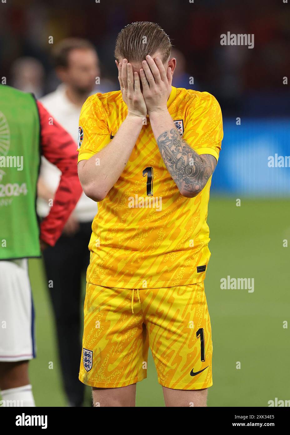 Berlin, Germany, 14th July 2024. Jordan Pickford of England reacts to ...