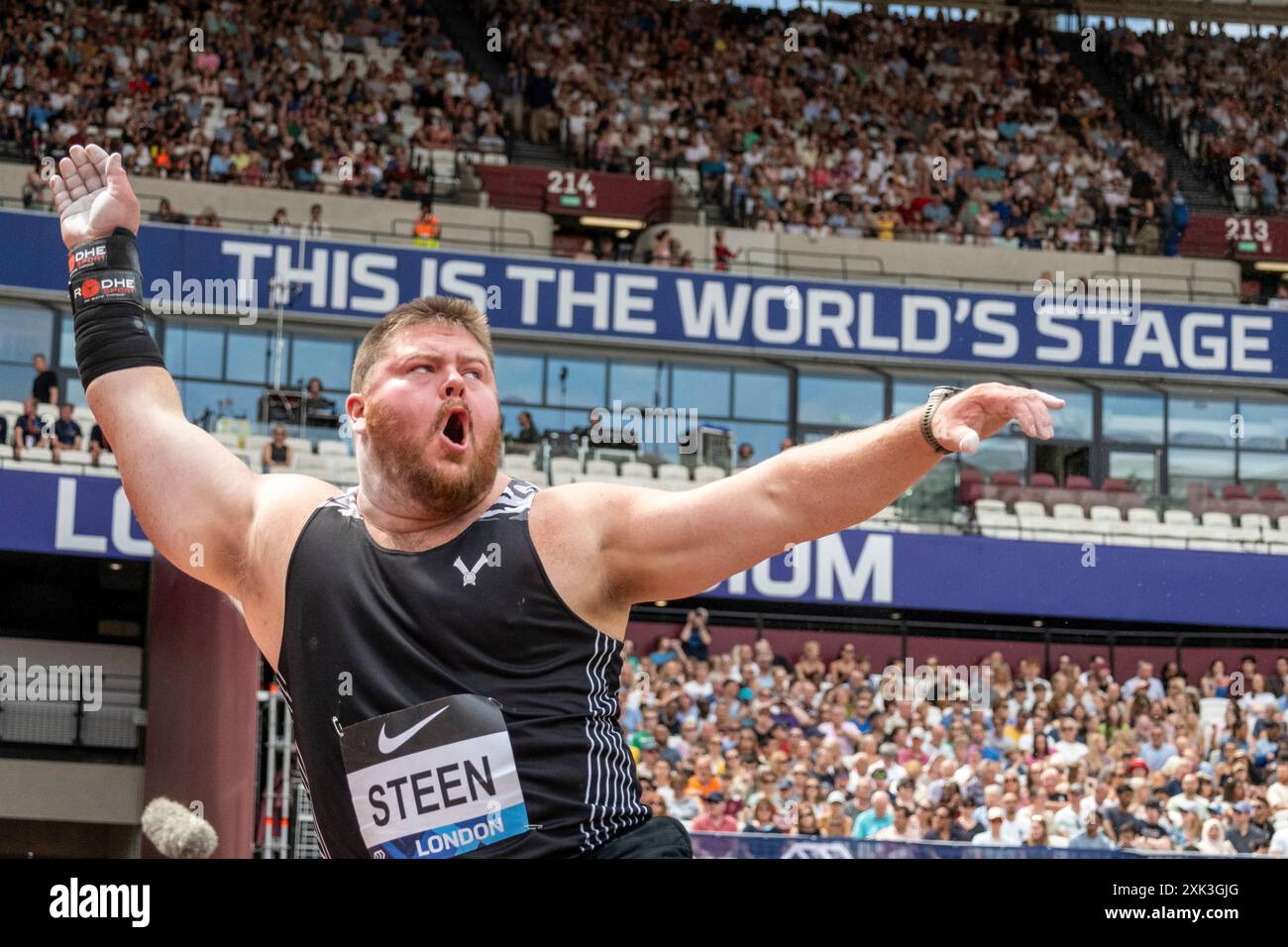 London, UK. 20 July 2024. Roger Steen (USA) competes in the Men's Shot ...