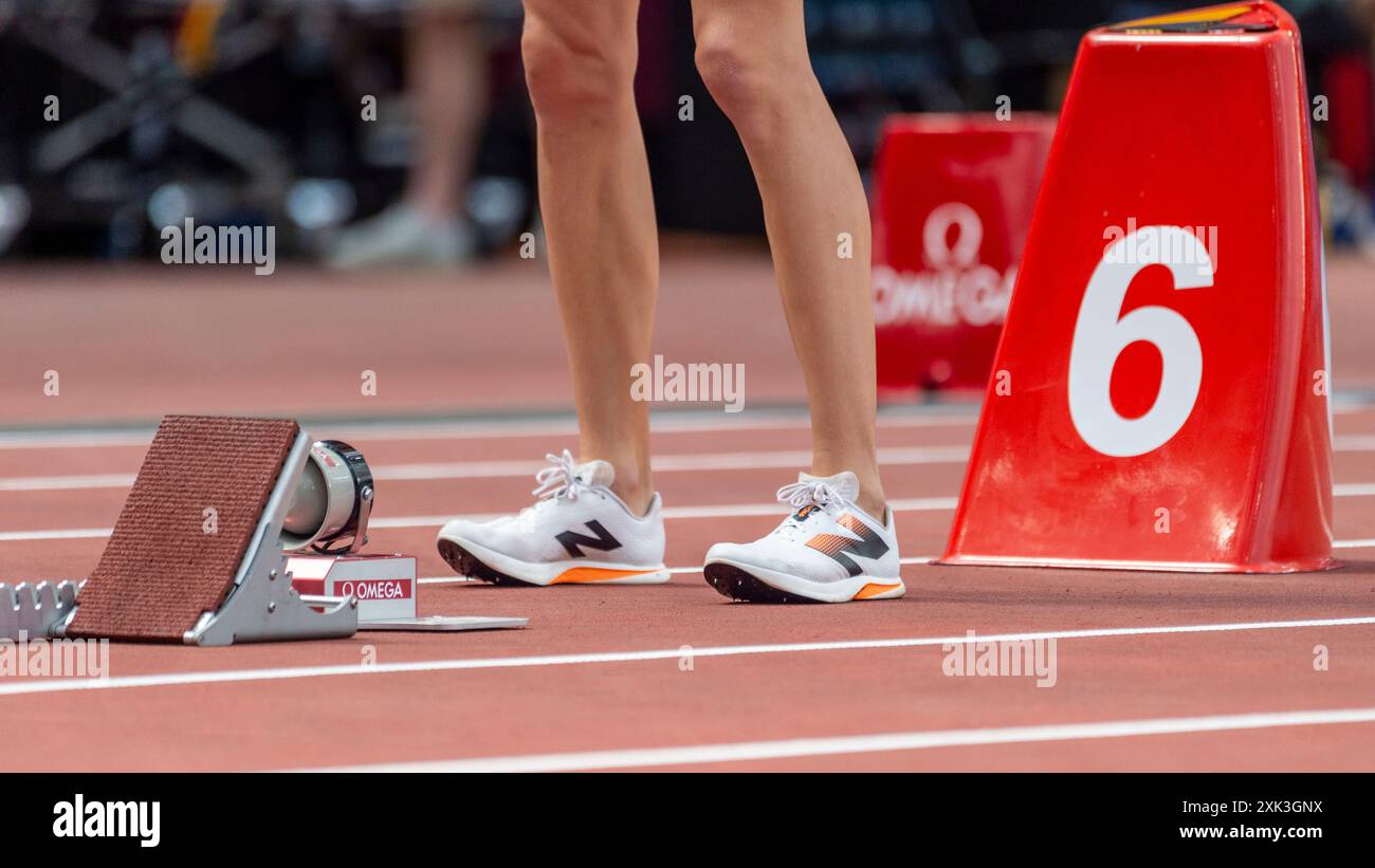 London, UK. 20 July 2024. Femke Bol (Netherlands) ahead of the Women's 400m hurdles at the ...