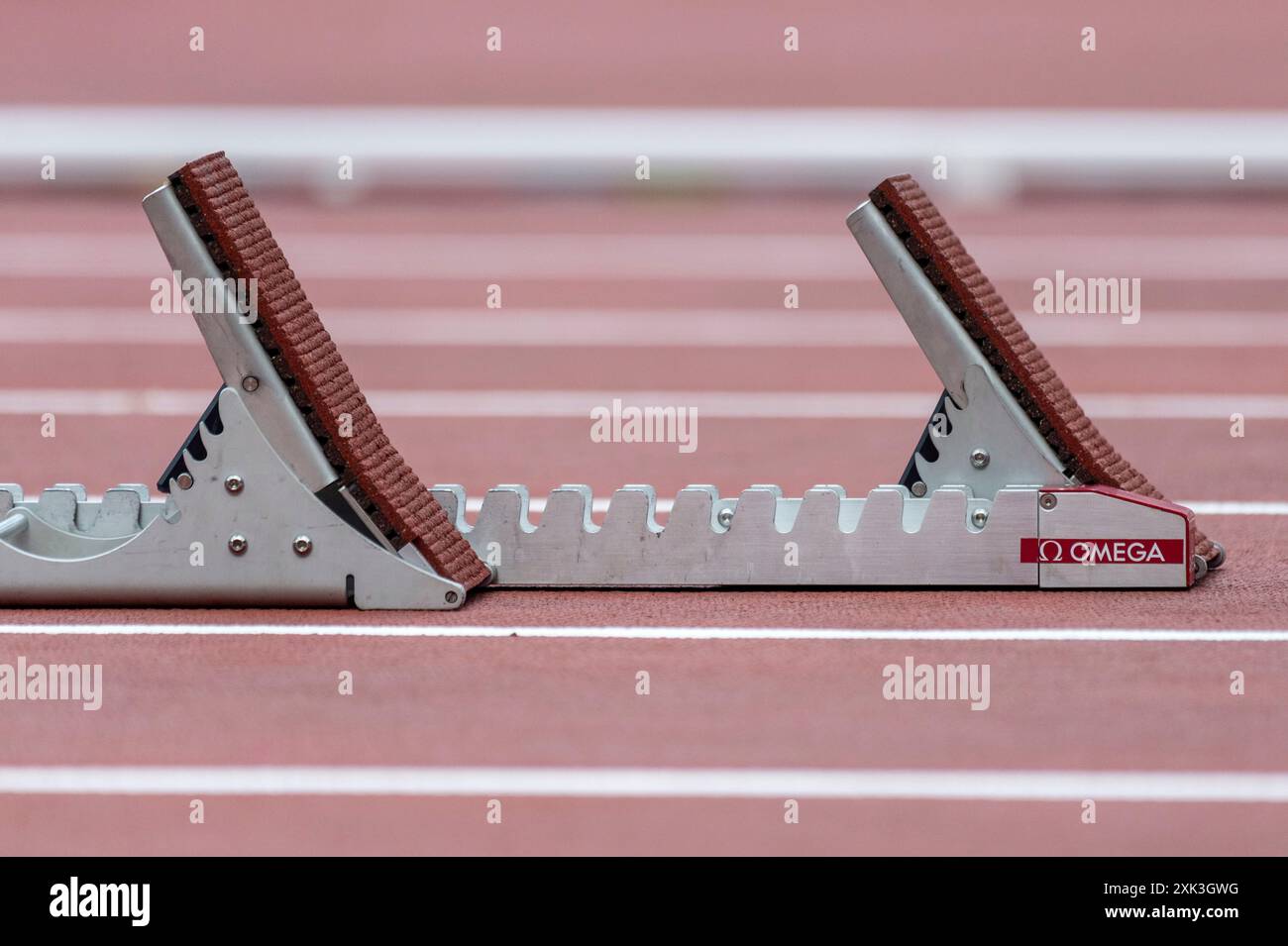 London, UK. 20 July 2024. A set of starting blocks at the London ...
