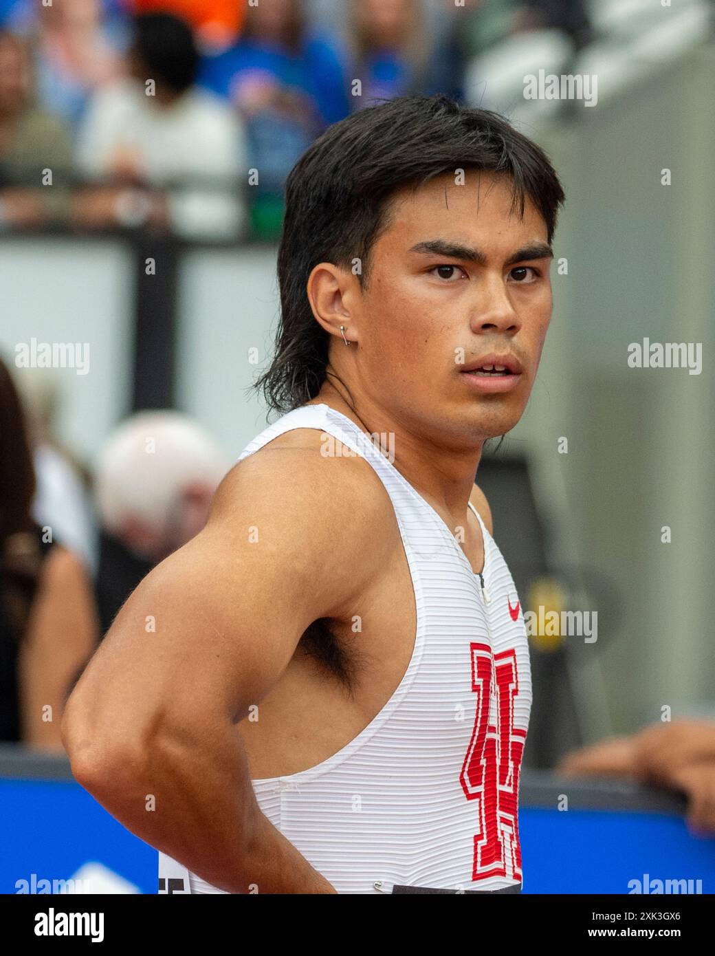 London, UK. 20 July 2024. Louie Hinchliffe (GB) after finishing 4th in 9.97 seconds in the Men's ...