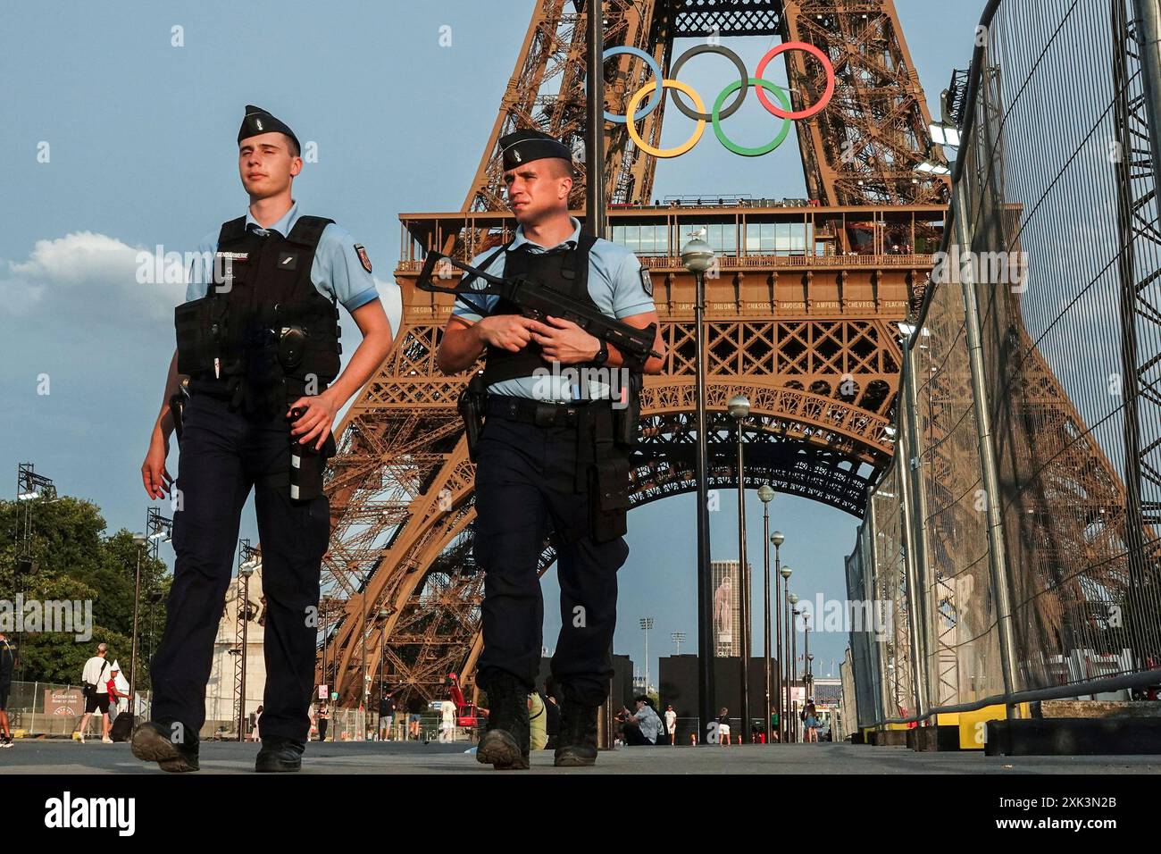 Paris, France. 20th July, 2024. Paris Police patrol the secure area ...