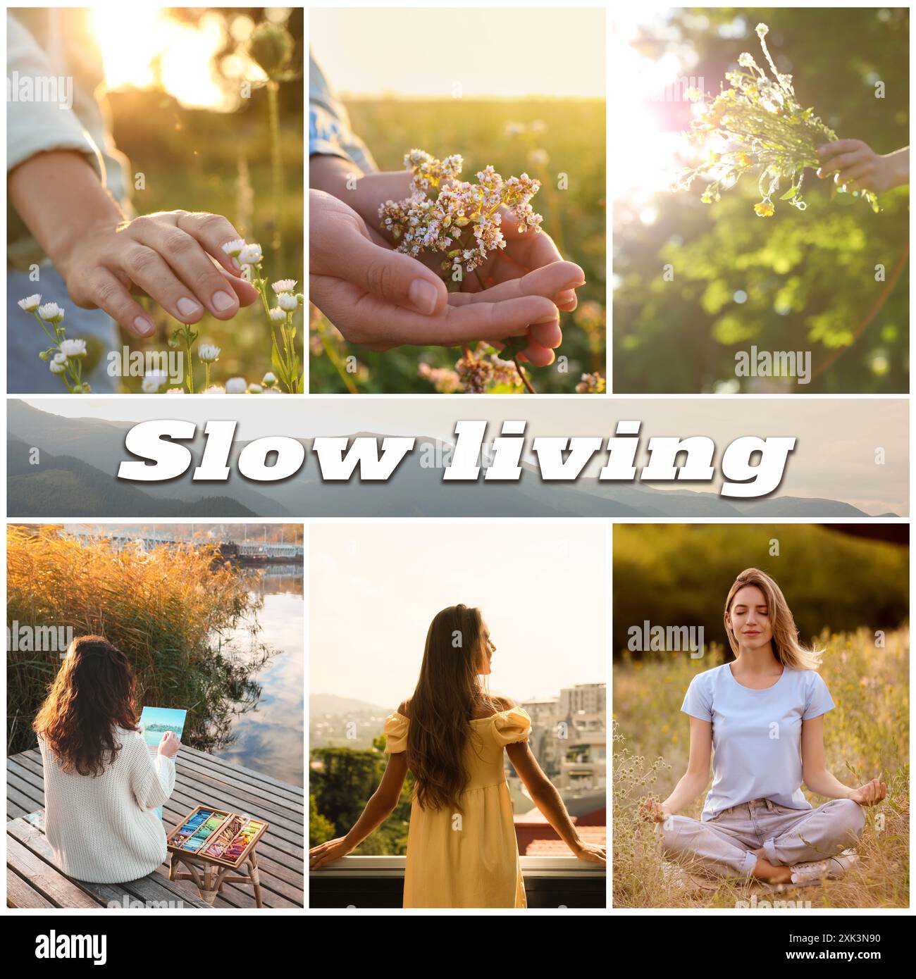 Slow living. Collage with photos of spending time in nature Stock Photo ...