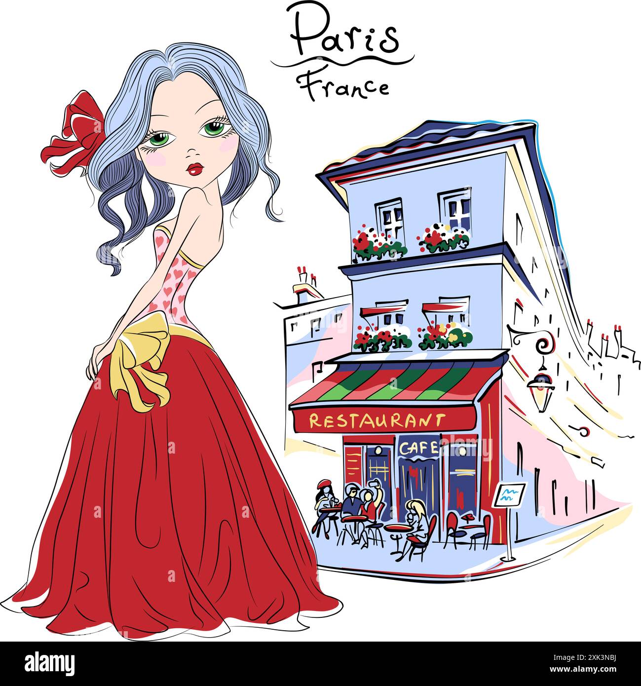 Vector cute girl near typical parisain restaurant on Montmartre, Paris ...
