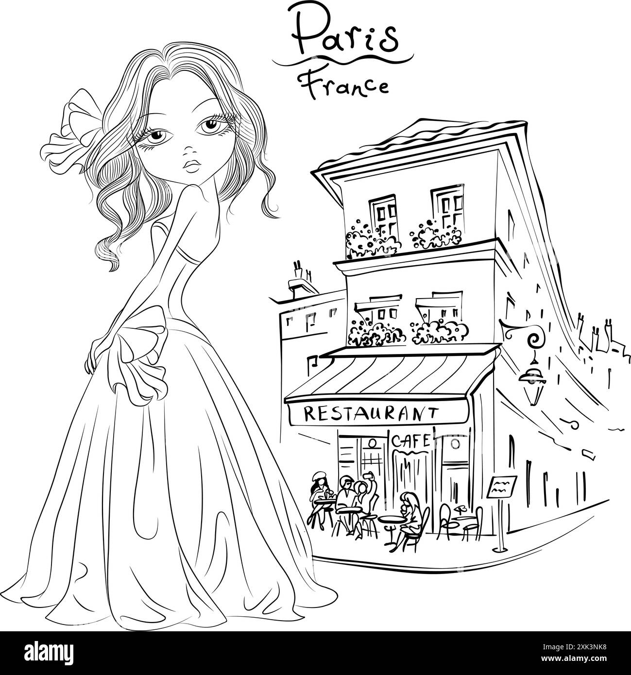 Vector cute girl near typical parisain restaurant on Montmartre, Paris ...