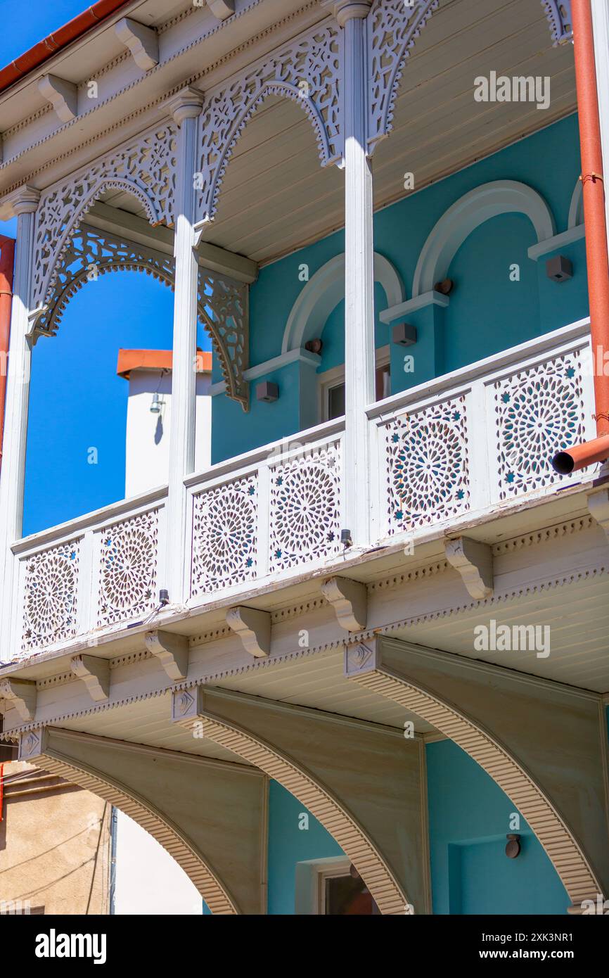 Traditional ornamental oriel windows, balconies in the streets of ...