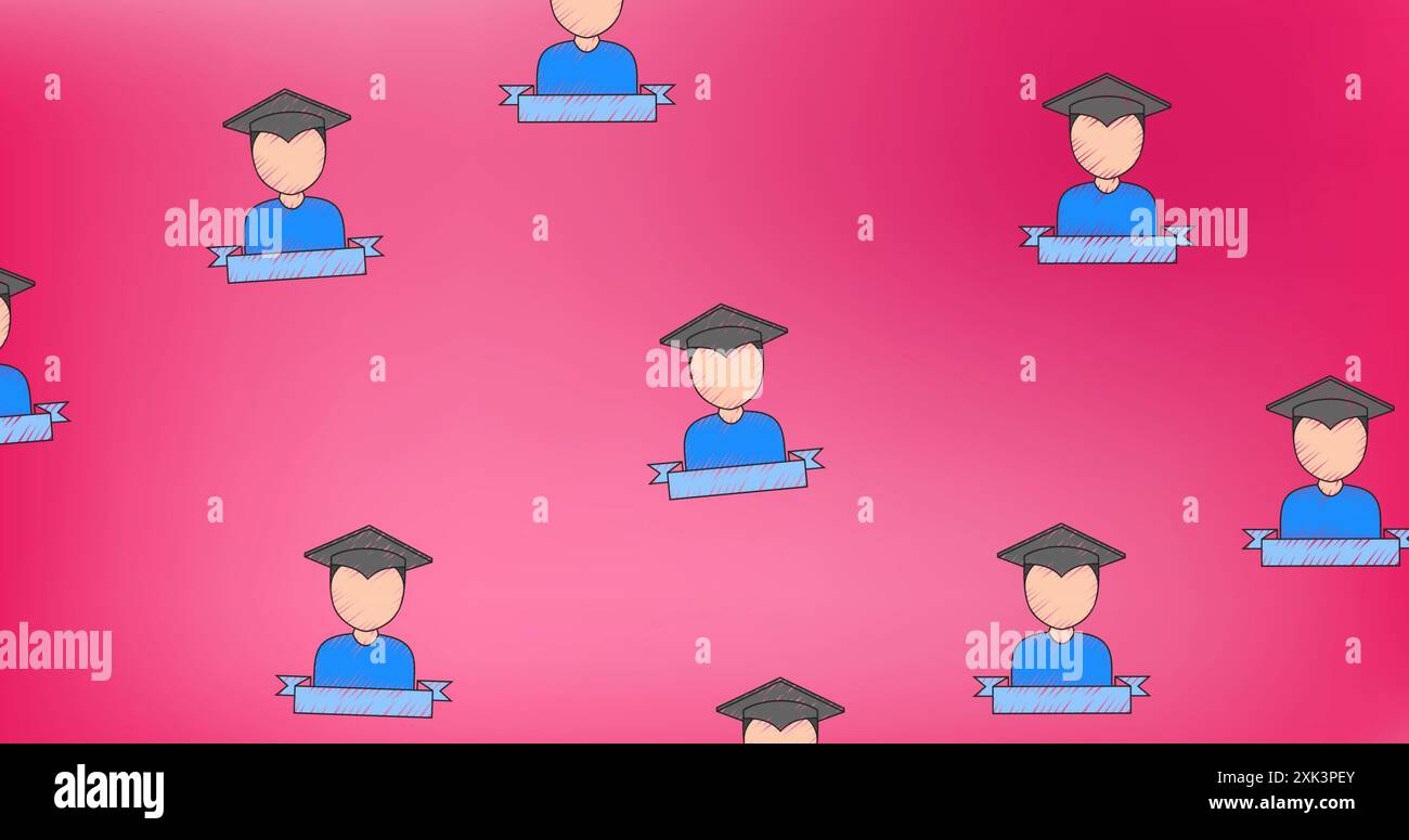 Image of boy wearing graduation hat icons in seamless pattern against ...