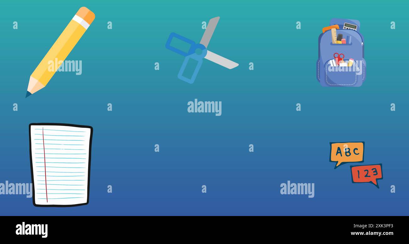 Image of multiple school concept icons against copy space on blue ...