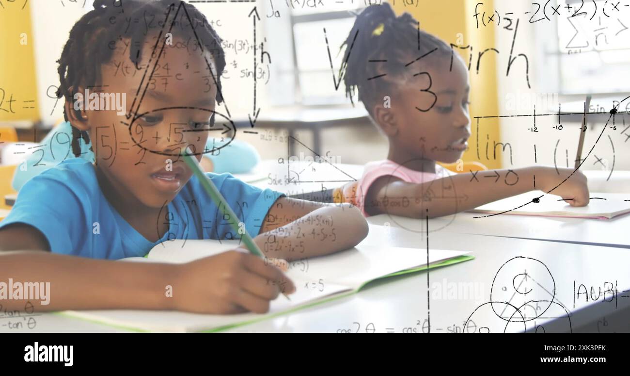Image of math formulas over african american pupils learning at school ...