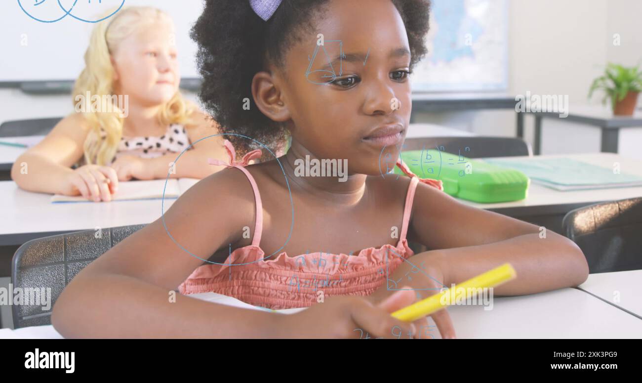 Image of math formulas over african american girl learning at school ...