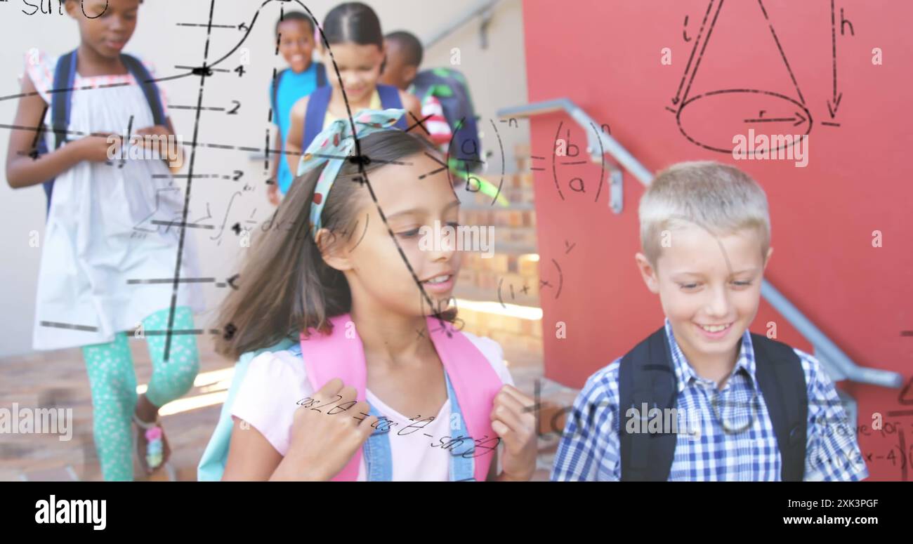 Image of math formulas over diverse pupils walking on school corridor ...