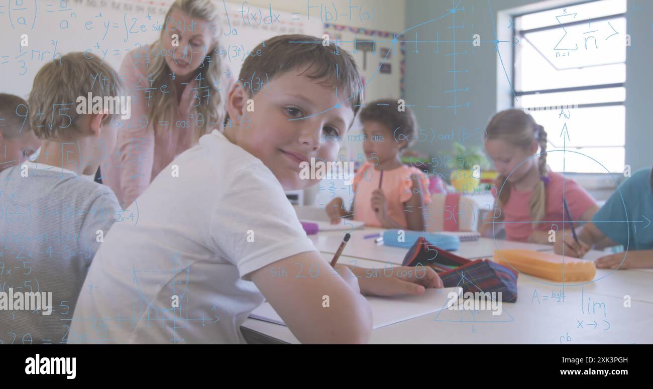 Image of math formulas over caucasian pupils learning at school Stock ...