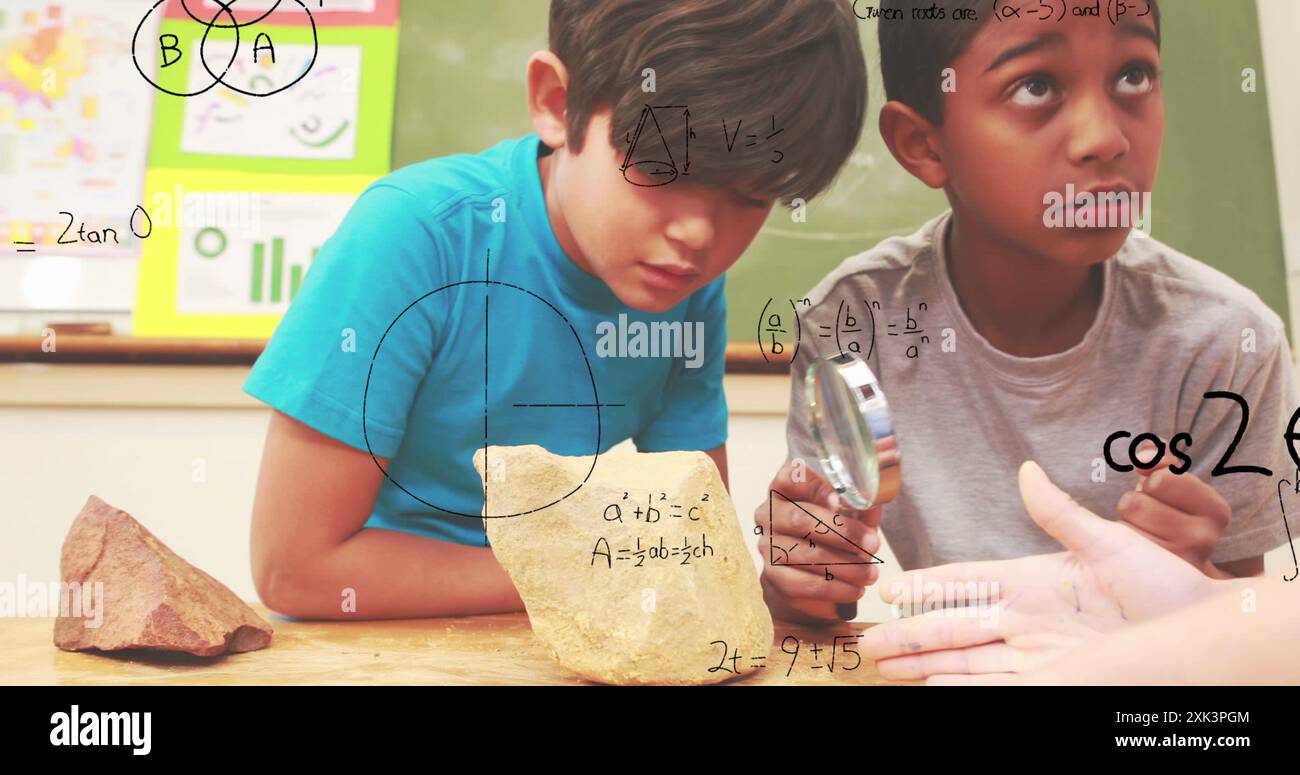 Image of math formulas over diverse pupils with magnifier at school ...