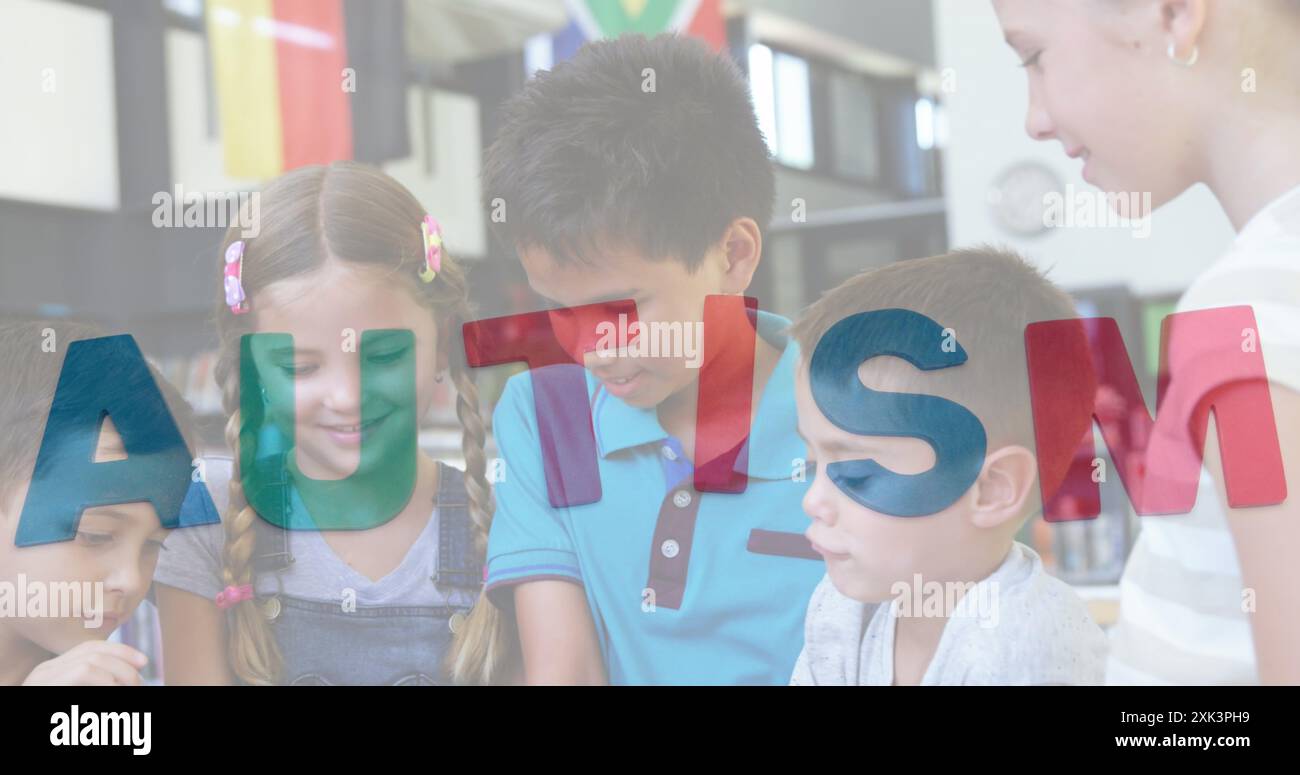 Image of colourful puzzle pieces and autism text over school children ...