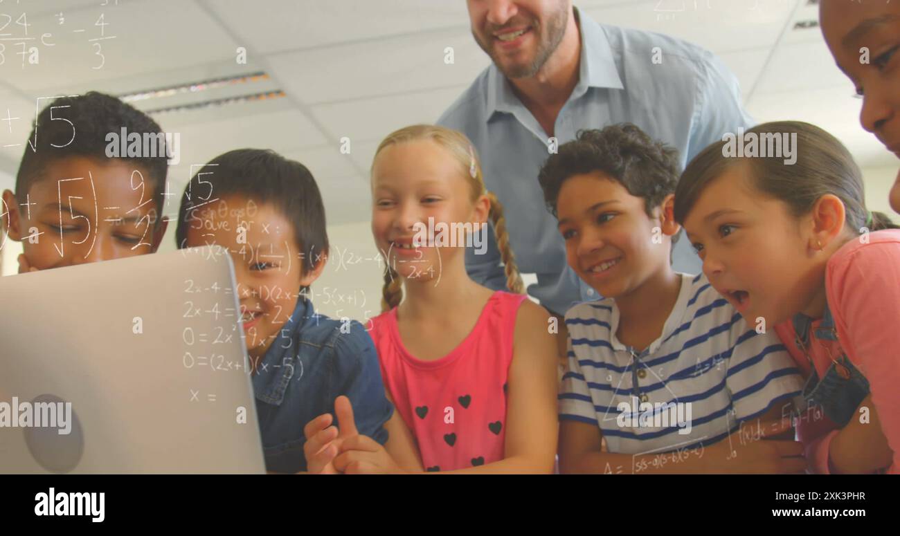 Image of math formulas over diverse pupils and male teacher learning at ...