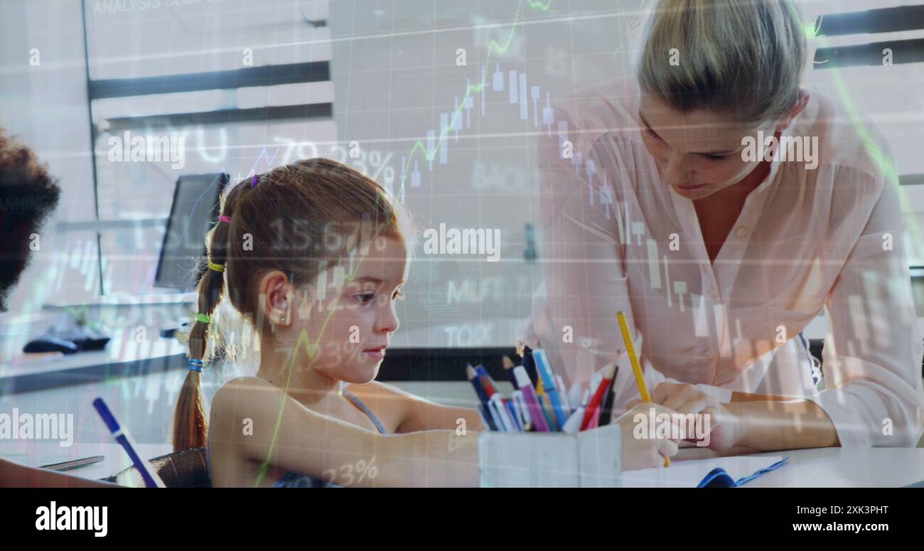 Image of graphs over caucasian female teacher helping girl at school ...