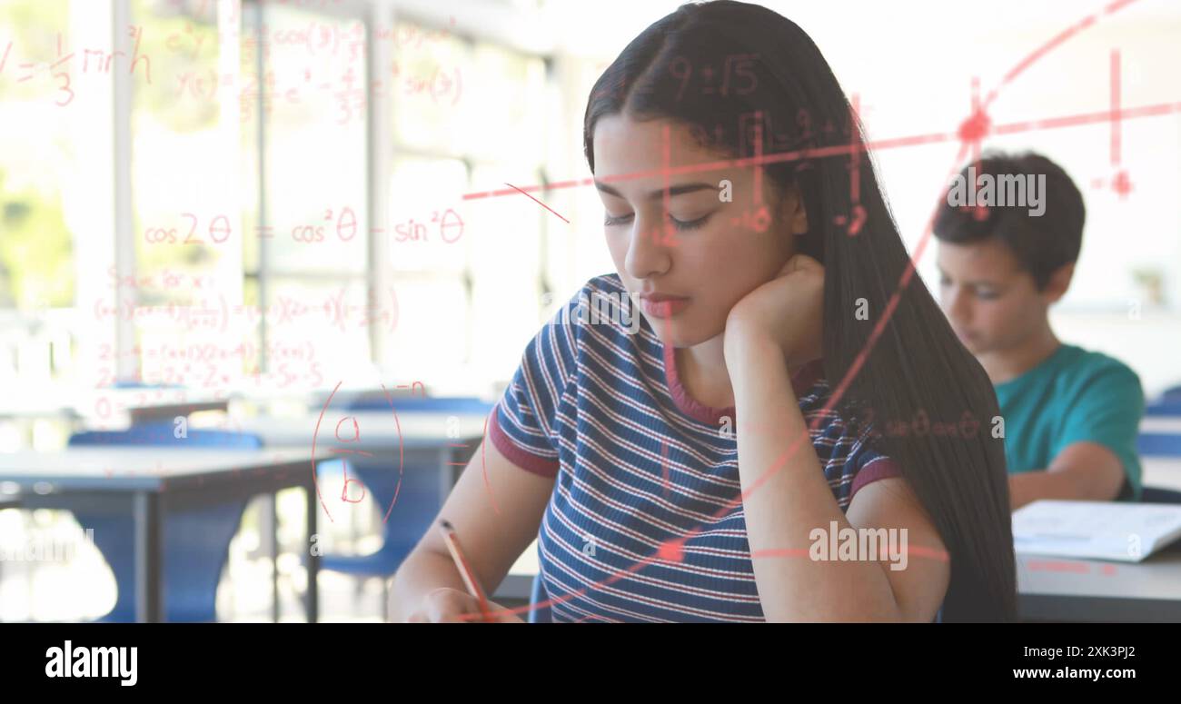Image of math formulas over hispanic girl learning at school Stock ...