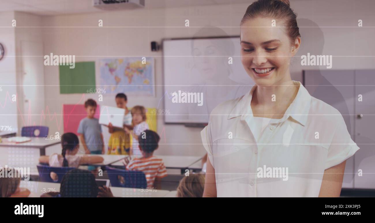 Image of graph over caucasian female teacher reading folders and ...