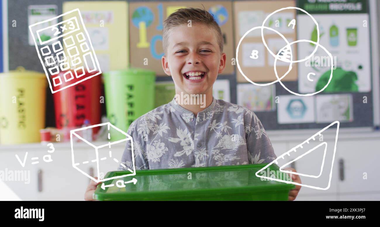 Multiple math concept icons against portrait of caucasian boy with ...