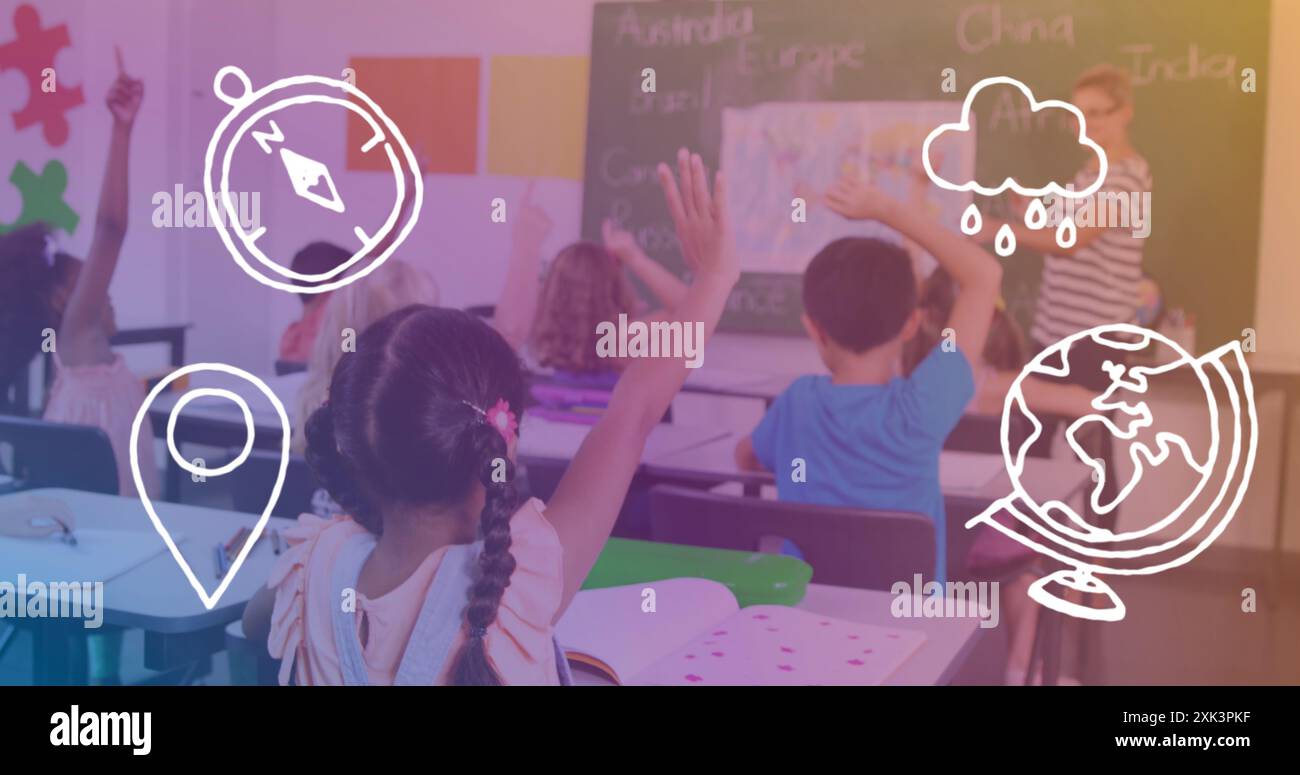 Image of school items over back view of class of diverse pupils Stock ...