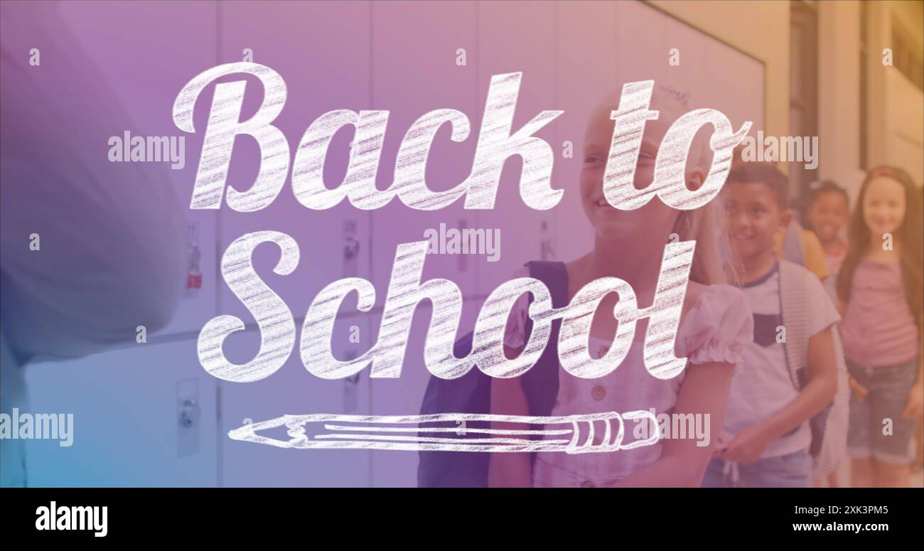 Image of back to school over class of diverse pupils standing in line ...