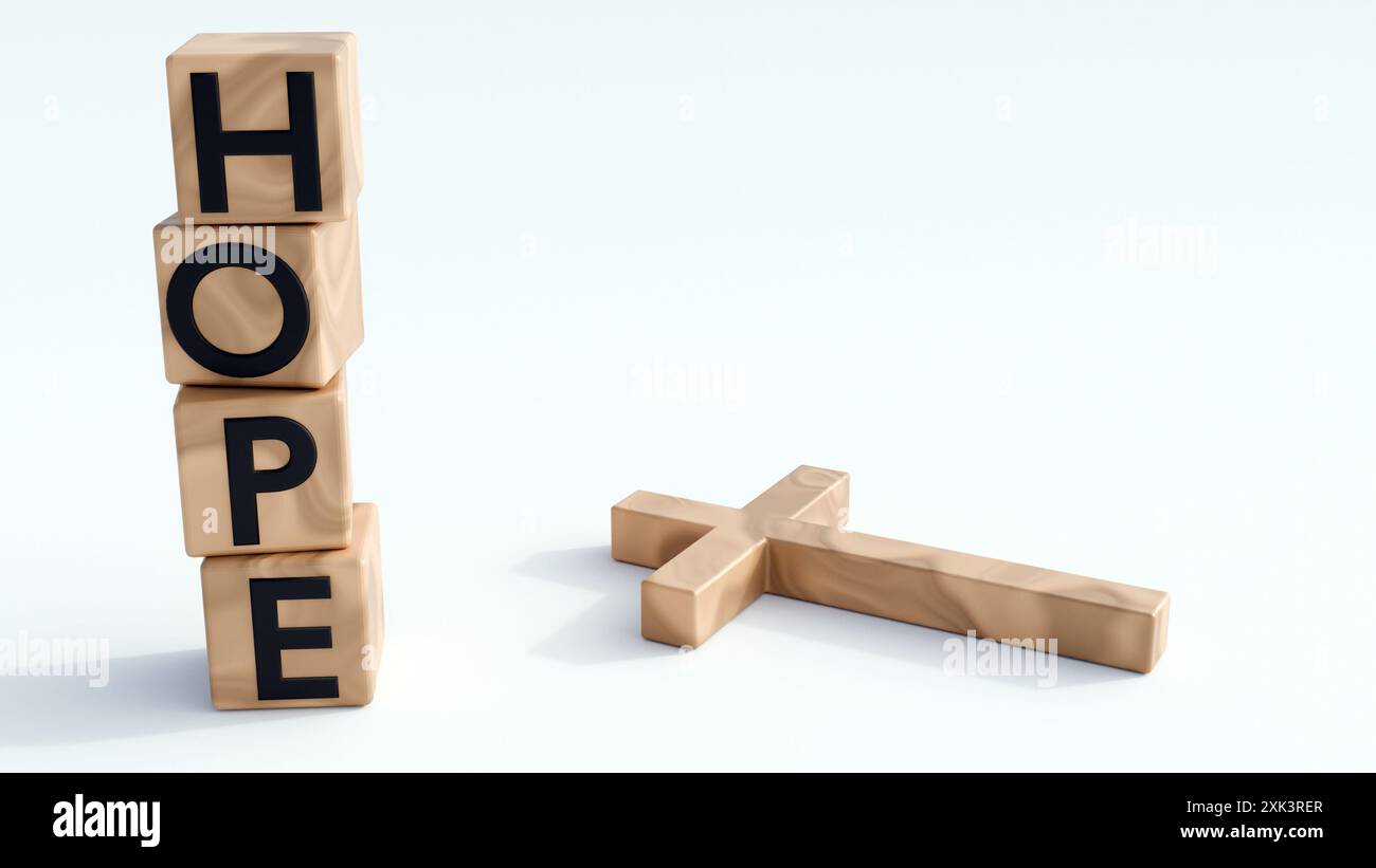 A 3D rendering of isolated four wooden cubes, each with a letter of the ...