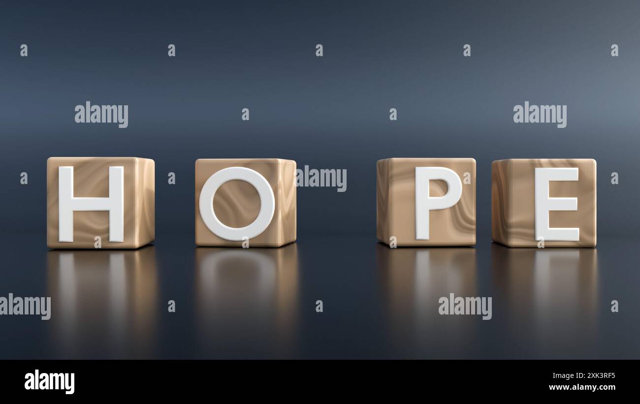 A 3D rendering of isolated four wooden cubes, each with a letter of the ...