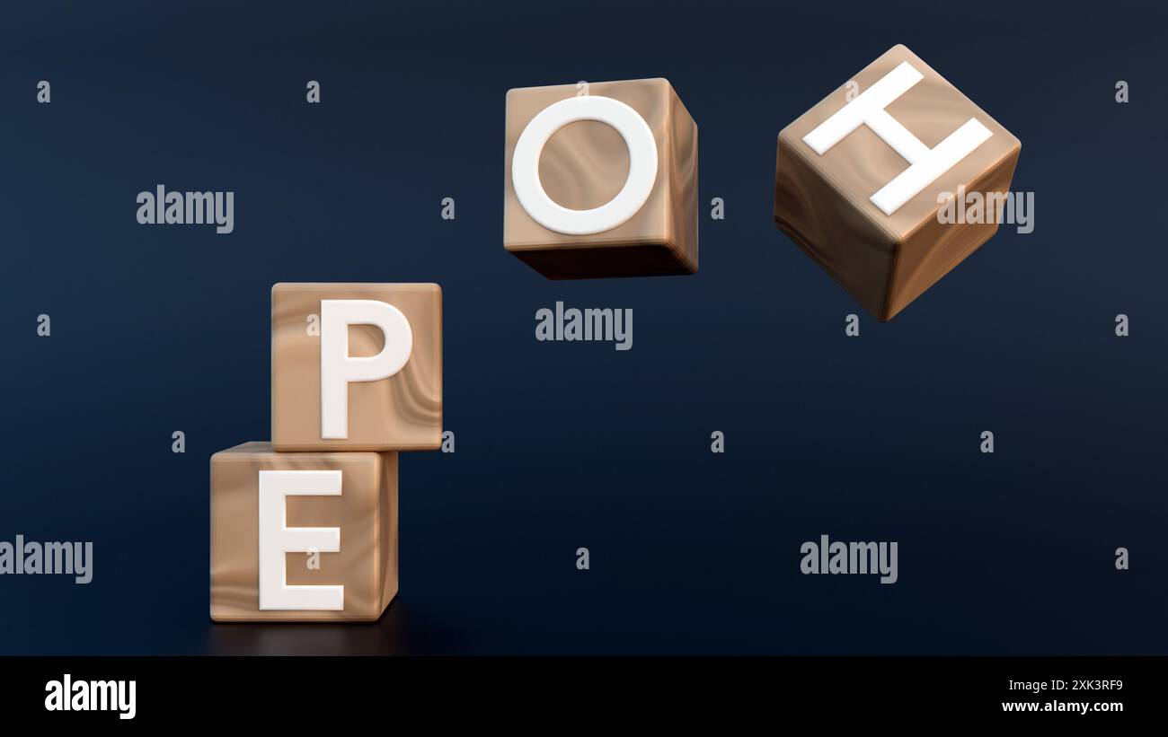 A 3D rendering of isolated four wooden cubes, each with a letter of the ...