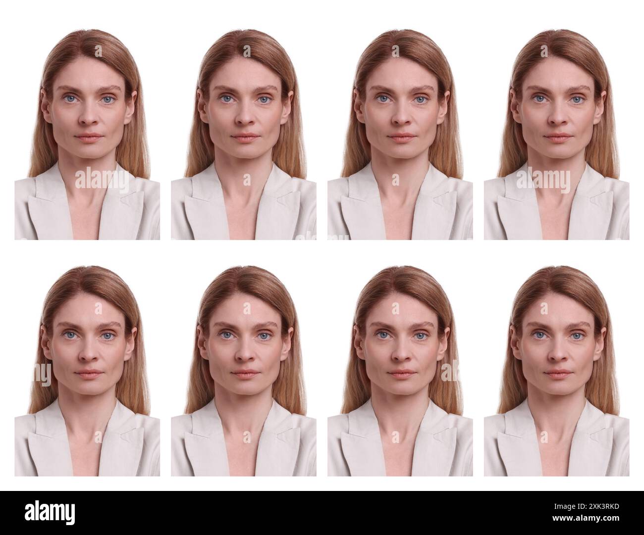Portrait of woman on white background, set. Passport photo Stock Photo ...