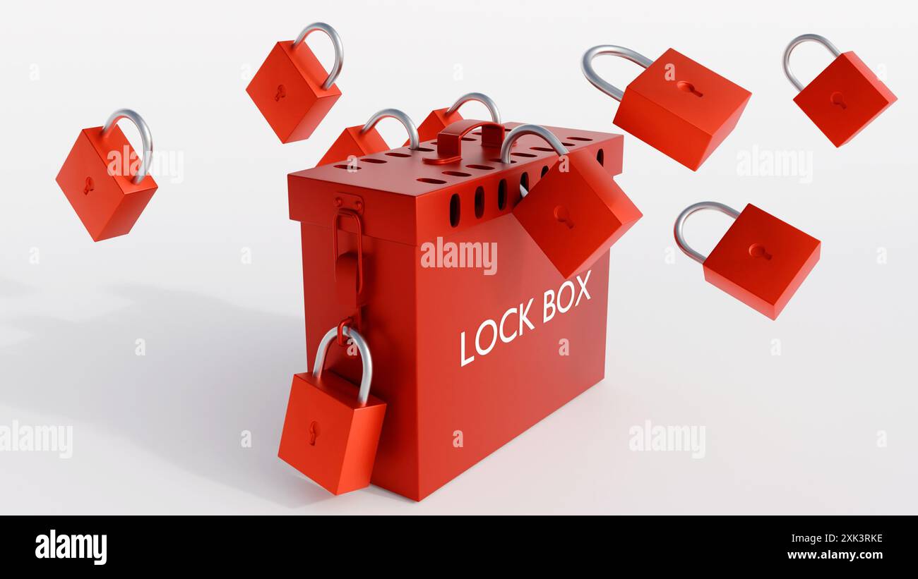 A 3D rendering of a lock-outtag-out (LOTO) system: LOTO box secured ...