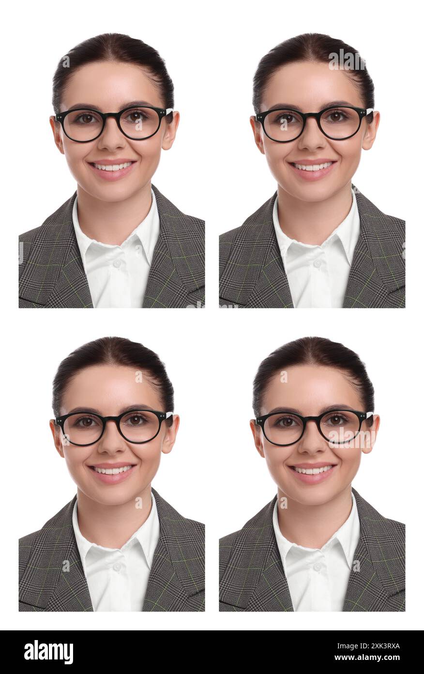 Portrait of woman on white background, set. Passport photo Stock Photo ...