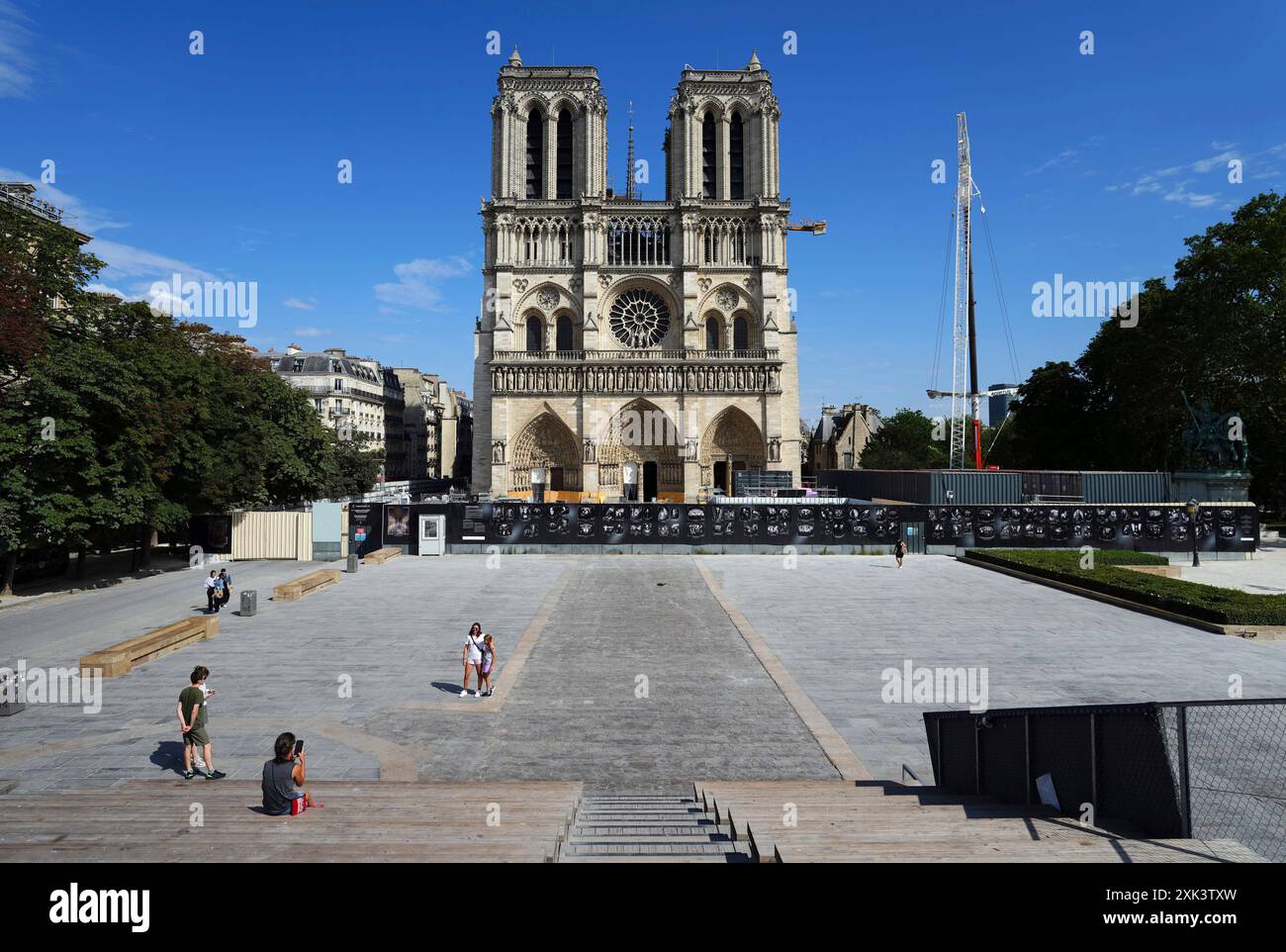 Around Notre Dame cathedral is quiet in Paris on July 20, 2024. An ...