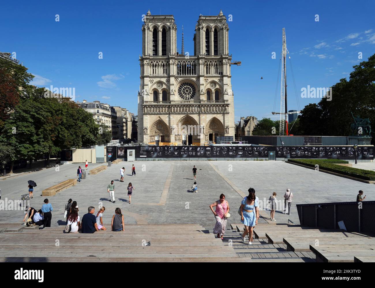 Around Notre Dame cathedral is quiet in Paris on July 20, 2024. An ...
