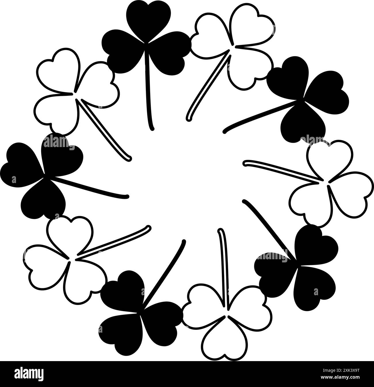 Round frame of black and white clover leaves. Silhouette and outline ...