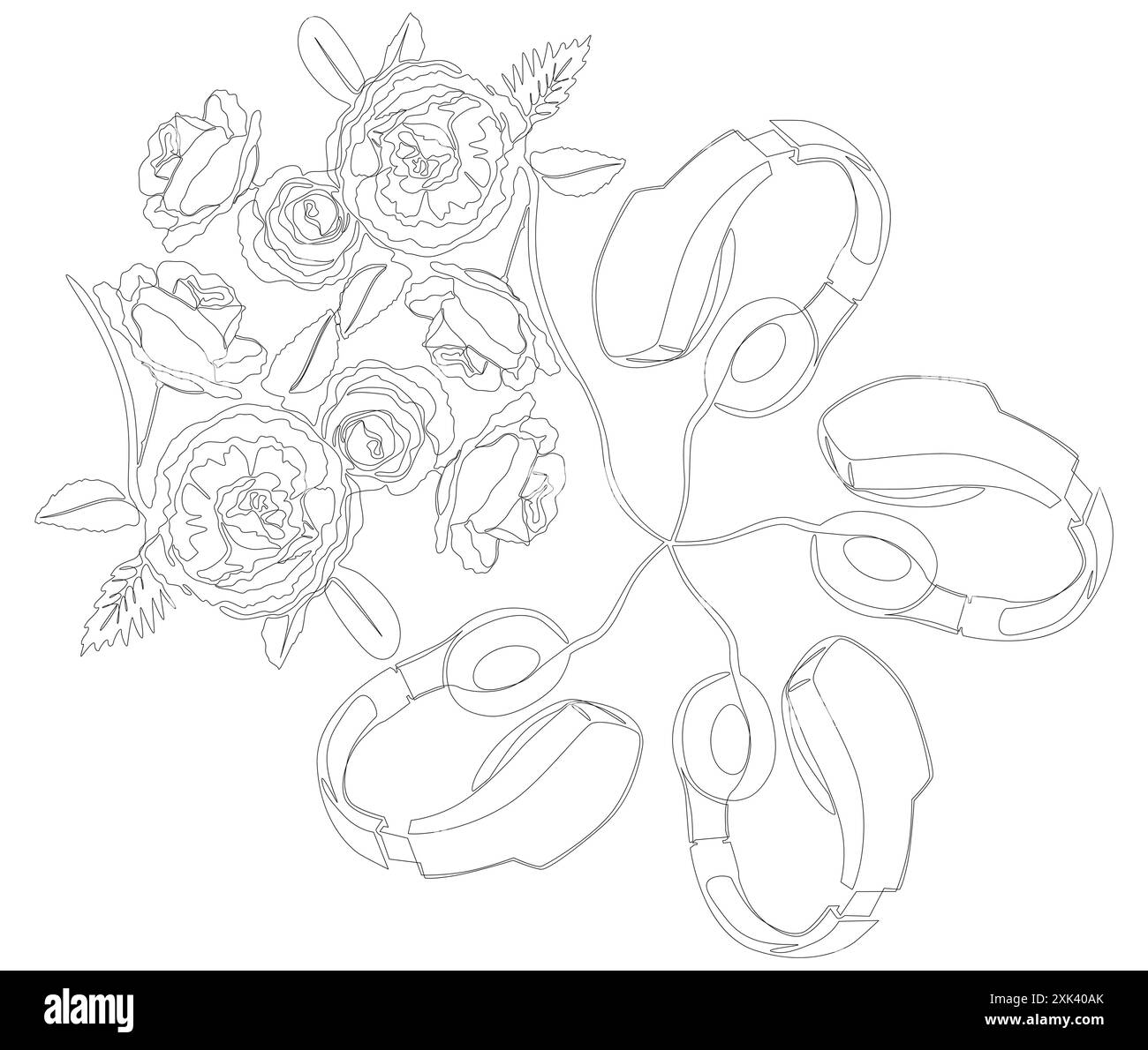 One continuous line of Headset with rose flowers. Thin Line ...