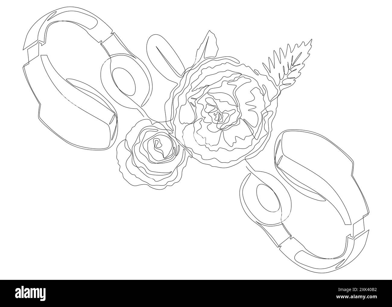 One continuous line of Headset with rose flowers. Thin Line ...